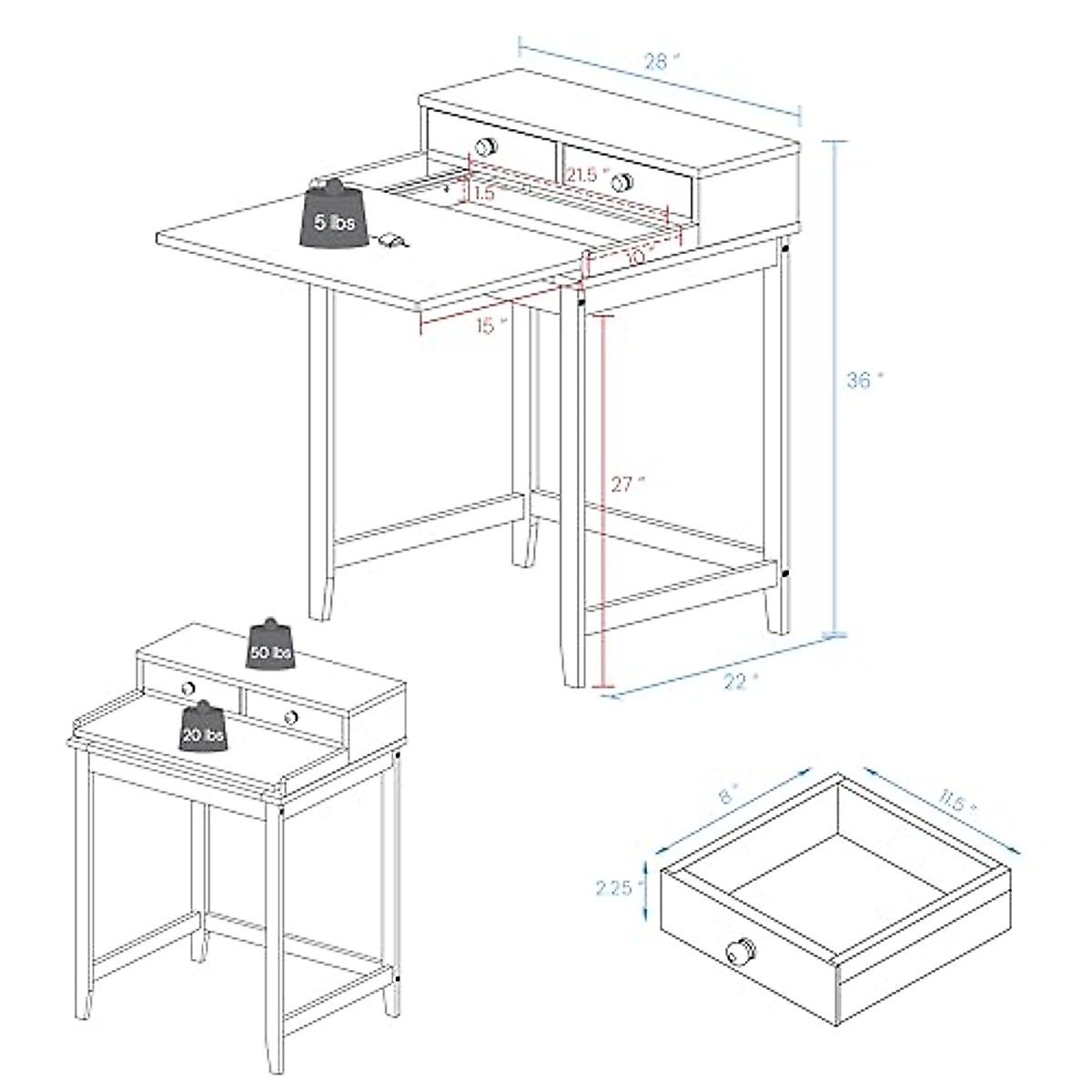 Solid Wood Home Office Computer Desk with Drawers, Pull-Out Tray, and Concealed Compartment