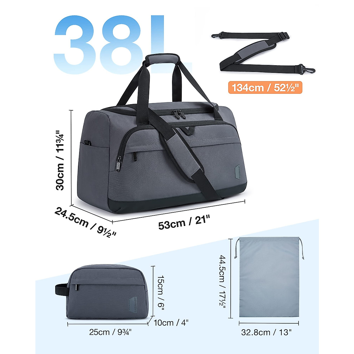 Duffle Bag for Travel,BAGSMART Carry on Weekender Overnight Bag,Travel Duffel Bag with Toiletry Bag,Shoe Bag （Grey,38L)