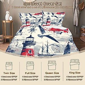 Nautical Dreams Duvet Cover Queen Size 3D Printed Duvet Cover Set Lighthouse Sailboat Seagull Voyage Exploration Bedding Set Home Decoration Comforter Cover Cozy Quilt Cover with 2 Pillowcases