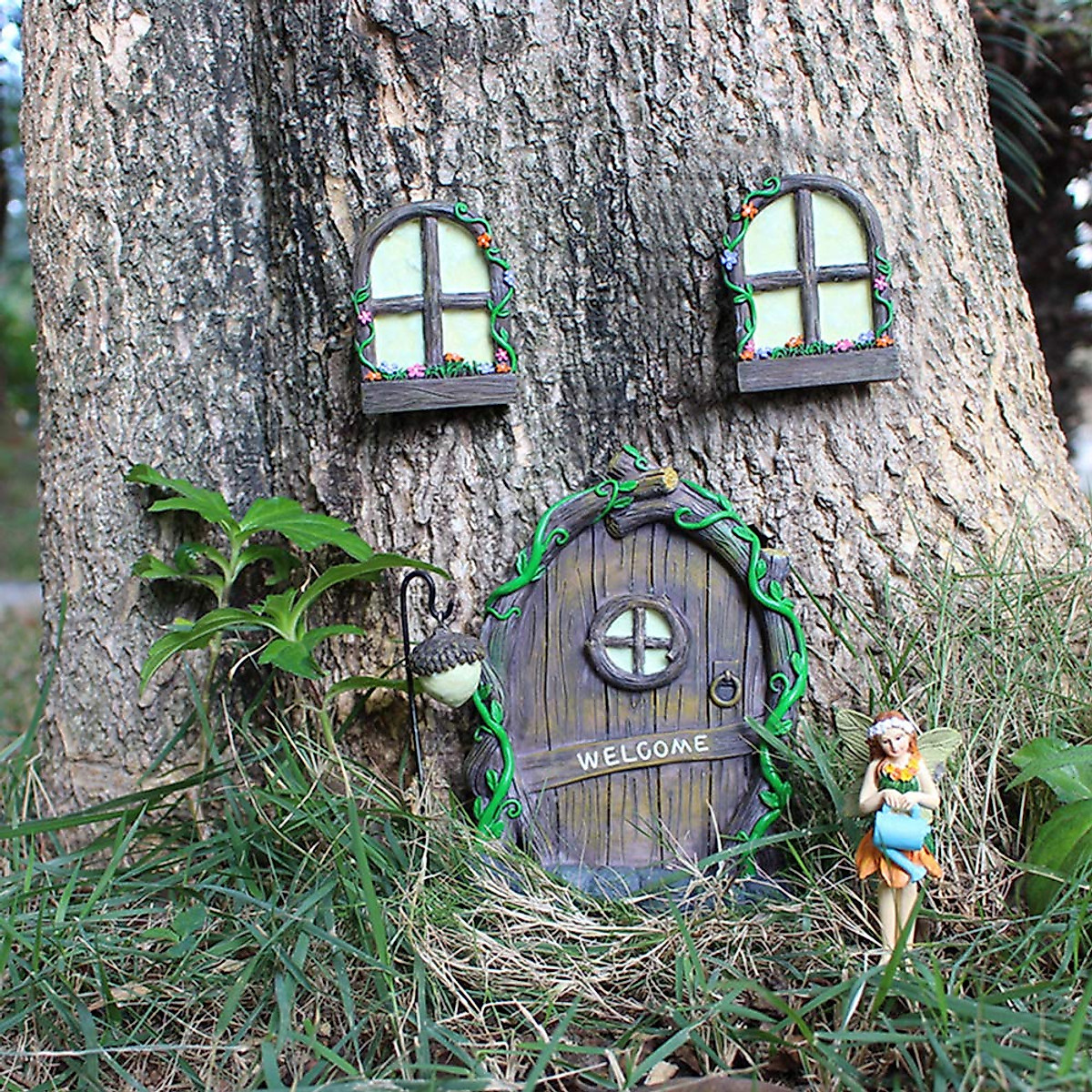 CALIDAKA 3pcs Miniature Fairy Gnome Home Window and Door Lamp for Trees Decoration,Stone Shape Glow in Dark Fairies Sleeping Door and Windows for Yard Art Garden Noctilucence Sculpture