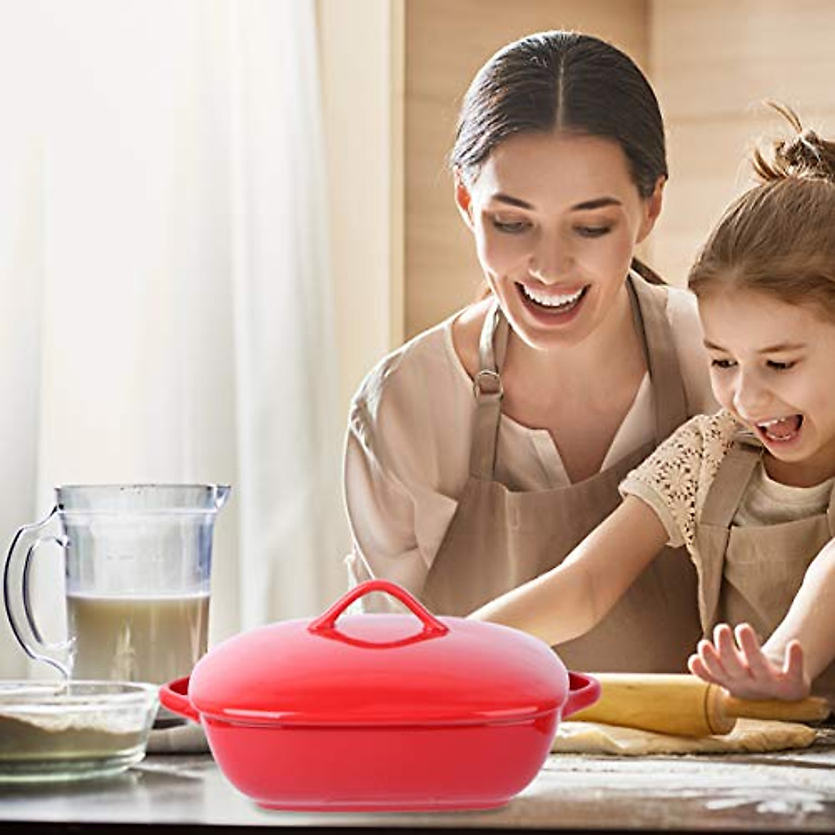 Ceramic Bread Pan Ceramic Cooking Dish Nordic Binaural Cake Dessert Bread Baking Pan with Cover Lid Micro Oven Square Plate Tray for Home Kitchen Shop Red Ceramic Loaf Pan