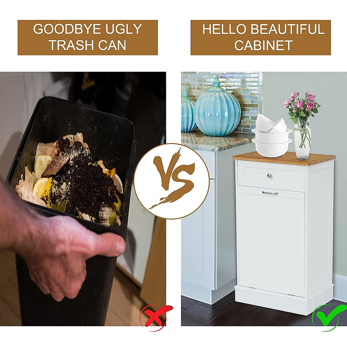 KINBOR BABY Recycling Tilt Out Trash Cabinet - Trash Bin Cabinet for Kitchen with Drawer and Removable Bamboo Cutting Board, White