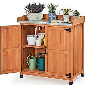Yaheetech Garden Potting Bench Table - Outdoor Garden Patio Wooden Storage Cabinet & Solid Wood Planting Work Bench with Large Space Storage & Metal-Plated Tabletop, Brown