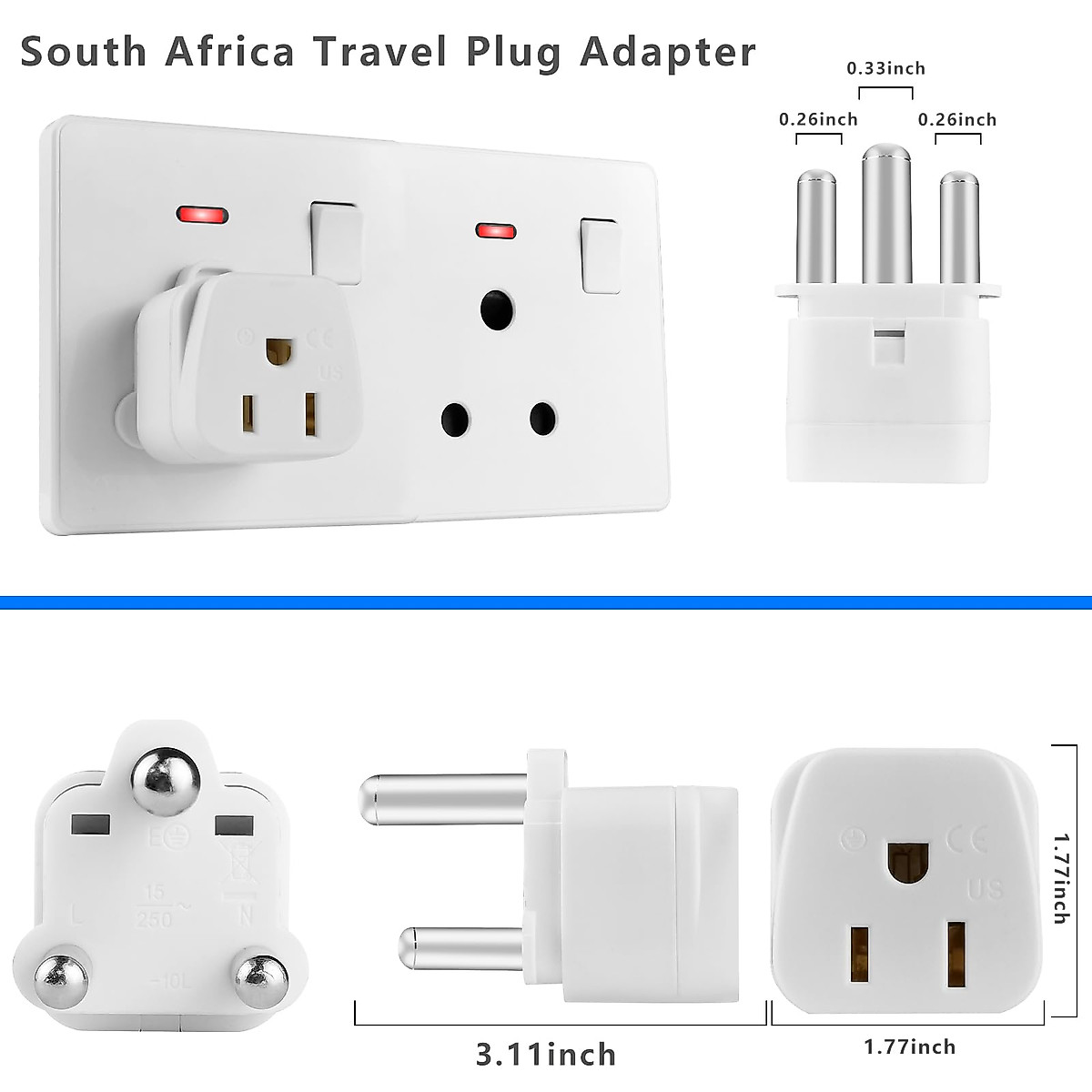 South Africa Travel Plug Adapter,South Africa Plug Adapter 3 Prong Safe Grounded USA to Any Type M for Country Such as Botswana,Nepal Pakistan,Namibia and More,White 2 Pack