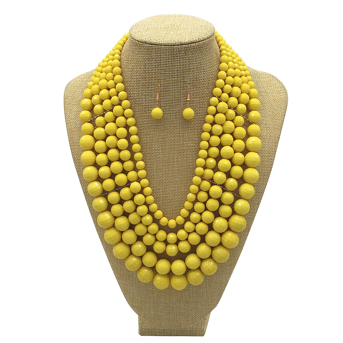JHWZAIY 5 Layered Beaded Statement Chunky Necklaces For Women - Multi Strand Colorful Bead Layered Bib Necklace For Women Fashion Jewelry Costume Earring Set (Yellow)