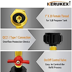 KERUKEXI Propane Refill Elbow Adapter with On/Off Control Valve 90 Degrees Fitting Adapter Coupler From QCC1 Type1 Connection to 1 LB Tank Cylinder for RV Camper BBQ Gas Grill
