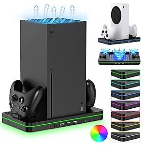 Vertical Cooling Stand for Xbox Series X/S, Dual Controller Charging Station for Xbox Series X/S with Cooling Fan 3 Hub USB Ports