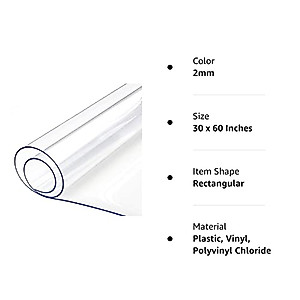 Eralove Rectangle 60 x 30 inch Thick 2mm Clear Tablecloth Cover Protector Crystal Plastic Transparent PVC Table Top Cover Mat Kitchen Wood Furniture Protective Cover (2mm, 30 x 60 Inches)