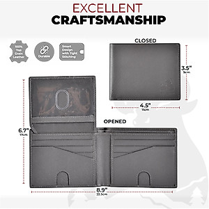BULLGUARD Mens RFID Blocking Wallet Bifold with Flip Up ID in Saffiano Grey Genuine Leather