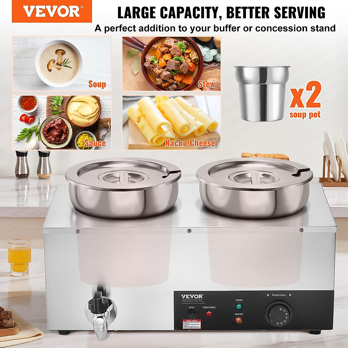 VEVOR Electric Soup Warmer, Dual 7.4QT Stainless Steel Round Pot 86~185°F Adjustable Temp, 1200W Commercial Bain Marie with Anti-Dry Burn and Reset Button, Soup Station for Restaurant, Buffet, Silver
