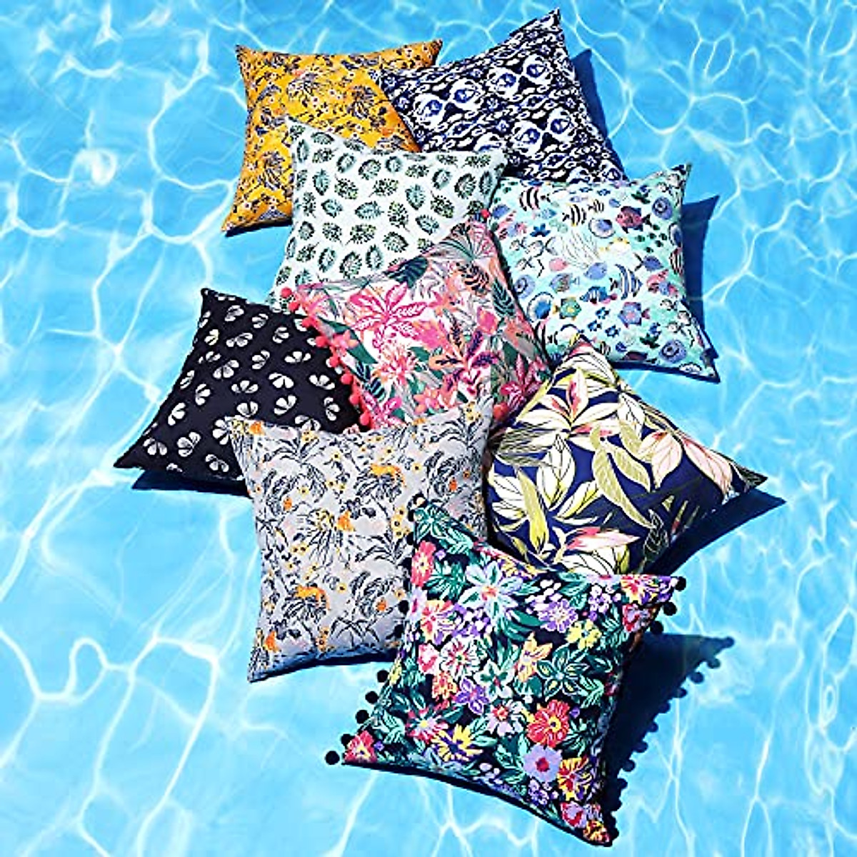 Vera Bradley by Classic Accessories Water-Resistant Outdoor Throw Pillow with Poms, 18 x 18 x 8 Inch, 2 Pack, Happy Blooms