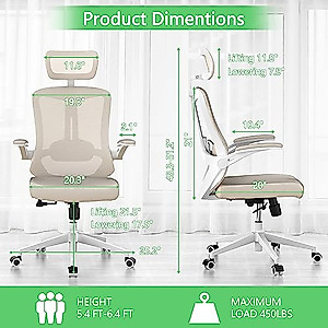 balmstar Ergonomic Office Chair, Home Office Desk Chair with Adjustable Headrest & Lumbar Support, Swivel High Back Computer Chair, Breathable Mesh Desk Chair, PU Silent Wheels, Flip-Up Arms (Khaki)