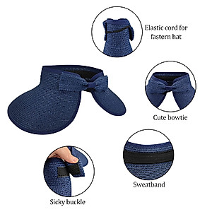Andiker Women Roll Up Sun Visors Hat, Fordable Wide Brim Ponytail Beach Hat with A Storage Bag, Adjustable Straw Hat with Bow for Summer (Navy)