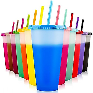 EASEVE Color Changing Cups with Lids and Straws - 12 Packs 24 oz Reusable Plastic Tumblers with Lids and Straws for Adults Kid Party, Bulk Tumblers for Iced Coffee Tea and Smoothie