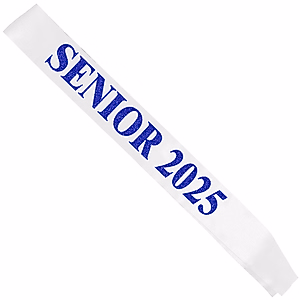 White Senior 2025 Satin Sash with Blue Glitter Letters- 2025 Graduation Sash - Finally Graduated - Senior Cheer Sash - Cheerleader Sash - Competition Sash