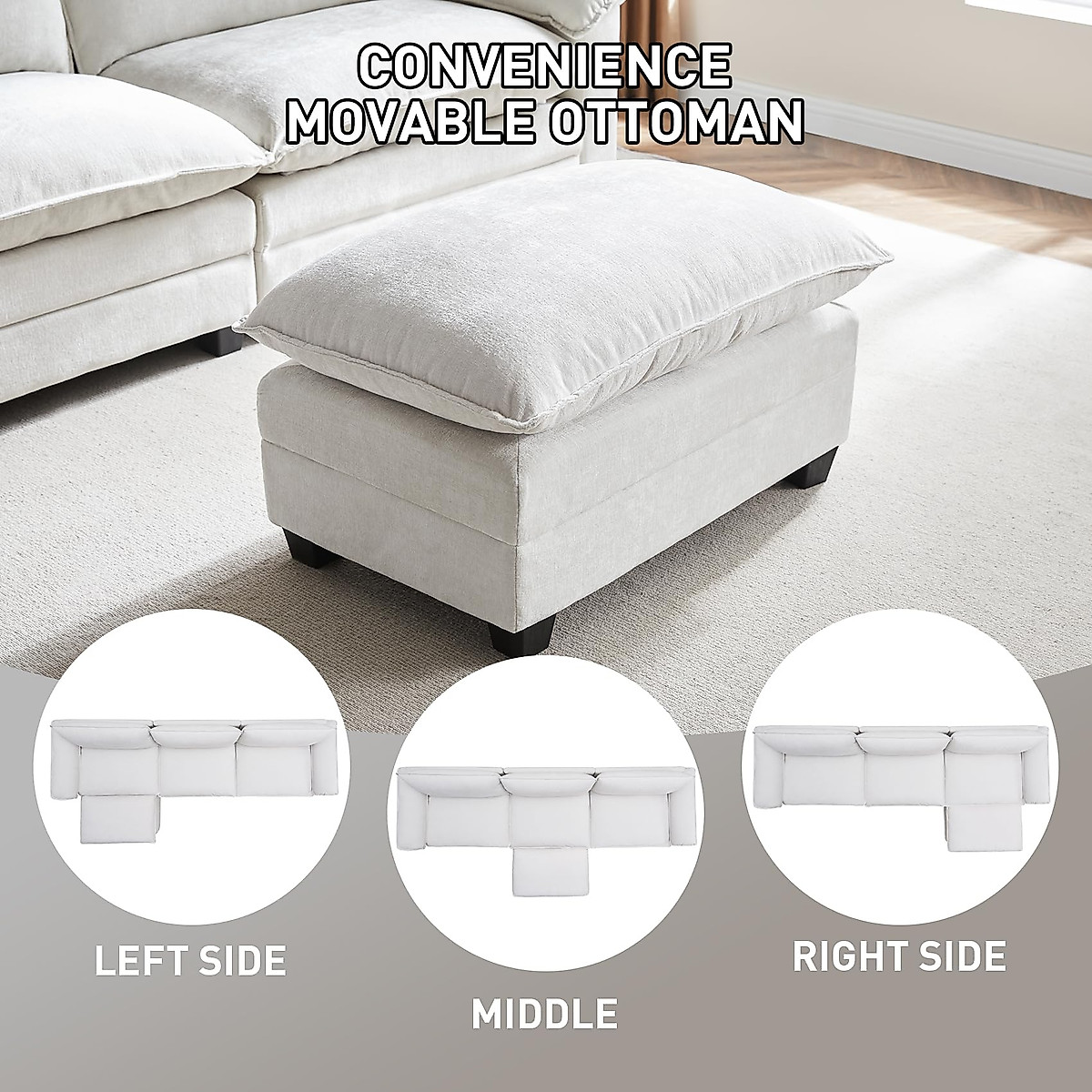 mestyl Comfy Modular Sectional Couch with Ottoman, 120" L Shaped 3 Deep Seat Fluffy Cloud Sofa, Modern Sleeper Sofas Soft Couches Set for Living Room, Apartment, Office, Studio, Chenille, Beige White