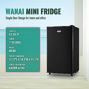 WANAI Compact Refrigerator 3.2 CU.FT Mini Fridge with Freezer Single Door Adjustable Temperature Side Door Wire Rack suit for Dorm Office Apartment BLACK