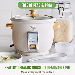 GreenLife 6-Cup Rice Cooker Steamer, PFAS Free Removable Ceramic Nonstick Pot, Auto Presets, Wood Print Handle, Keep Warm Function, One Touch Design, Dishwasher Safe, Measuring Cup, Rice Paddle, Cream