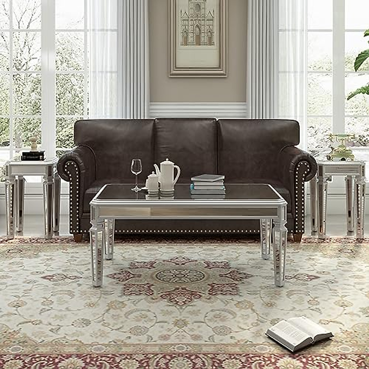 3-Piece Coffee table and End Tables Set,Glass Mirrored Coffee Table with Adjustable Height Legs and Crystal Design,Fashionable Cocktail Table,Easy Assembly Rectangular Glass Coffee Table,Silver