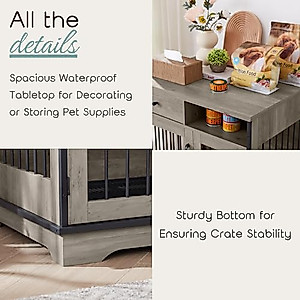 DOSSMBOLA 32'' Wooden Dog Crate Furniture for Medium Small Dogs, Dog Kennel Dog Crate with Pull-Out Tray, Storage Drawer, End Table Dog Cage - Gray