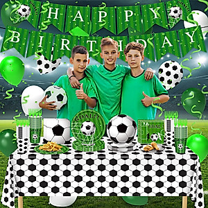 Soccer Party Decorations, 143Pcs Soccer Birthdday Party Supplies-Serves 24 with Soccer Plates and Napkins Tablecloth and Birthday Banner Balloons for Soccer Sports Theme Birthday Decorations