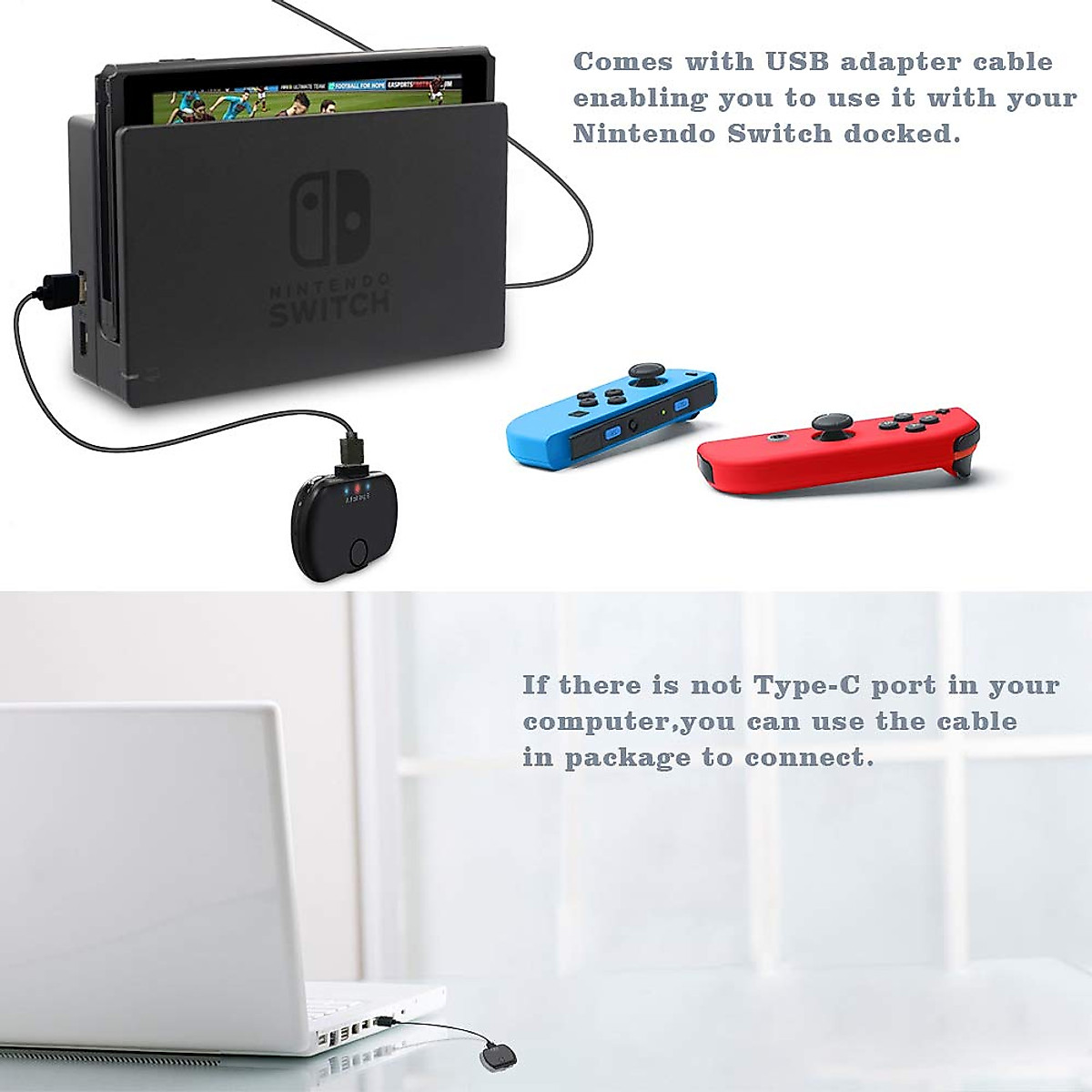 Friencity Bluetooth Audio Transmitter for Nintendo Switch PS4, Low Latency USB Type C Wireless Adapter, Support in-Game Voice& Two Headphones, Compatible with Airpod, Bose, Sony Headphone, Plug n Play