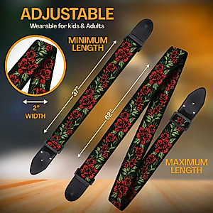 Art Tribute Guitar Strap Woven Adjustable W/FREE BONUS 2 Picks + Strap Locks + Strap Button. Rose Flowers Guitar Strap for Bass, Electric & Acoustic Guitar. Best Gift for Men & Women Guitar Players