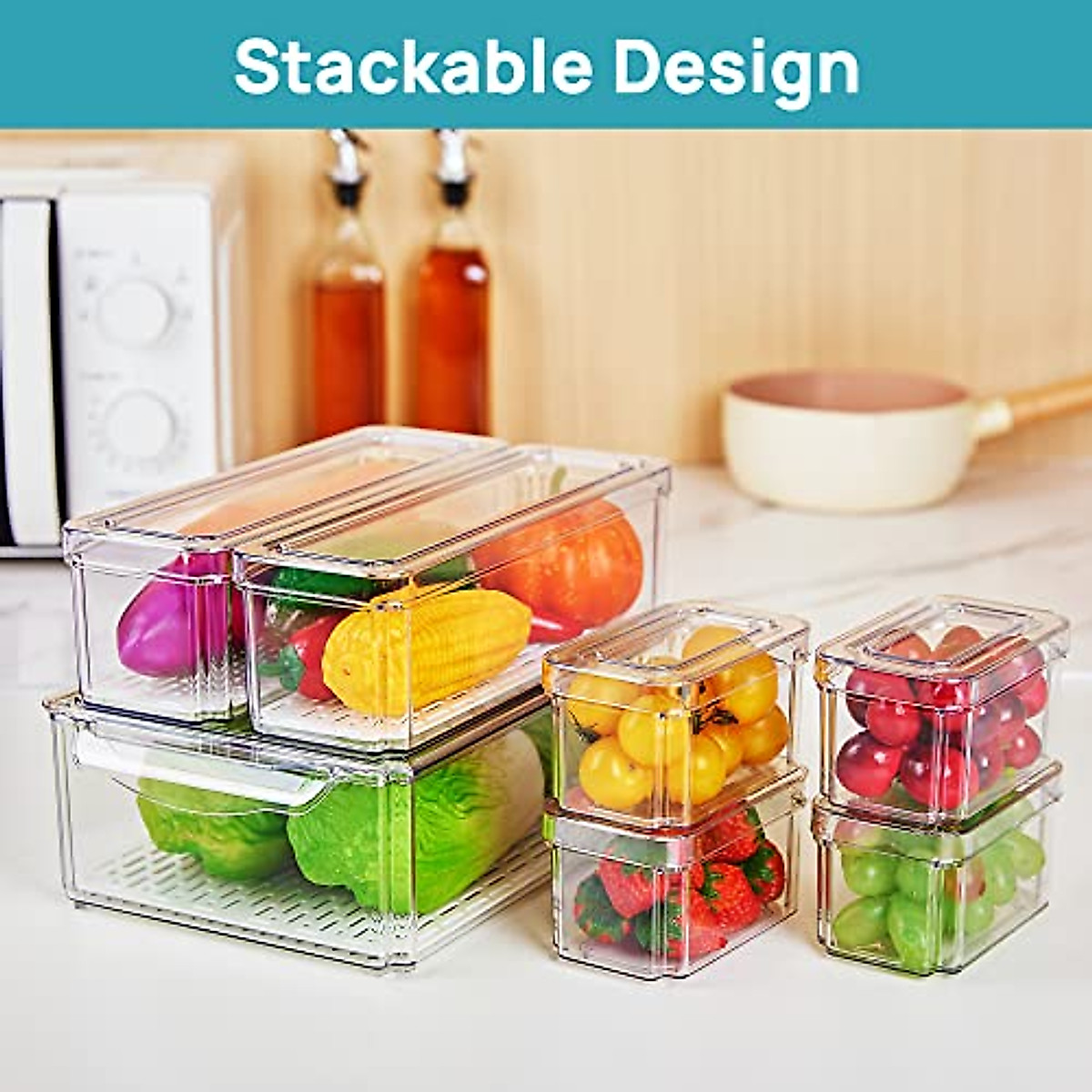 Vtopmart Set of 7 Fridge Organizer, Stackable Fruit Storage Containers for Fridge, Fridge Organizers and Storage Clear with lids, BPA-Free Refrigerator Organizer Bins with Drain Tray for Vegetables, Fruits, Food, Drinks