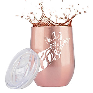 PDTXCLS Giraffe Gifts, 12oz Rose Gold Wine/Coffee Steel Tumbler/Mug with Premium Sliding Lid, Perfect Items for Women, Things for Animal Lover Glass Decor (Rose Gold)