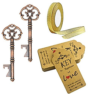 Makhry 52pcs Skeleton Key Bottle Opener Wedding Favors for Guests Personalized Souvenir Set with Thank You Gift Cards and Ribbons for Wedding Bridal Shower Party Favors(Copper)