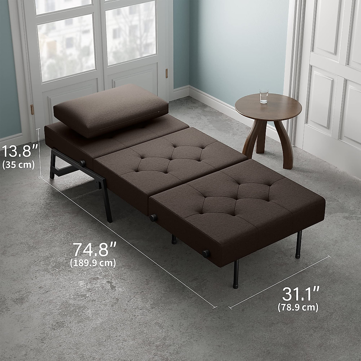 Serweet Chair Bed Sofabed for Adults Single, Convertible Folding Sofa for Living Room Bedroom Chair with Breathable Linen Fabric & Sturdy Metal Frame, Dark Brown