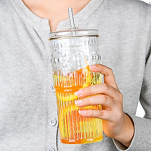 FULGNU Glass Cups with Lids and Straws, 24 OZ Glass Tumbler with Straw and Lid Iced Coffee Cups, High Borosilicate Glasses Clear Glass Cups Set for Cocktail,Smoothie,Water