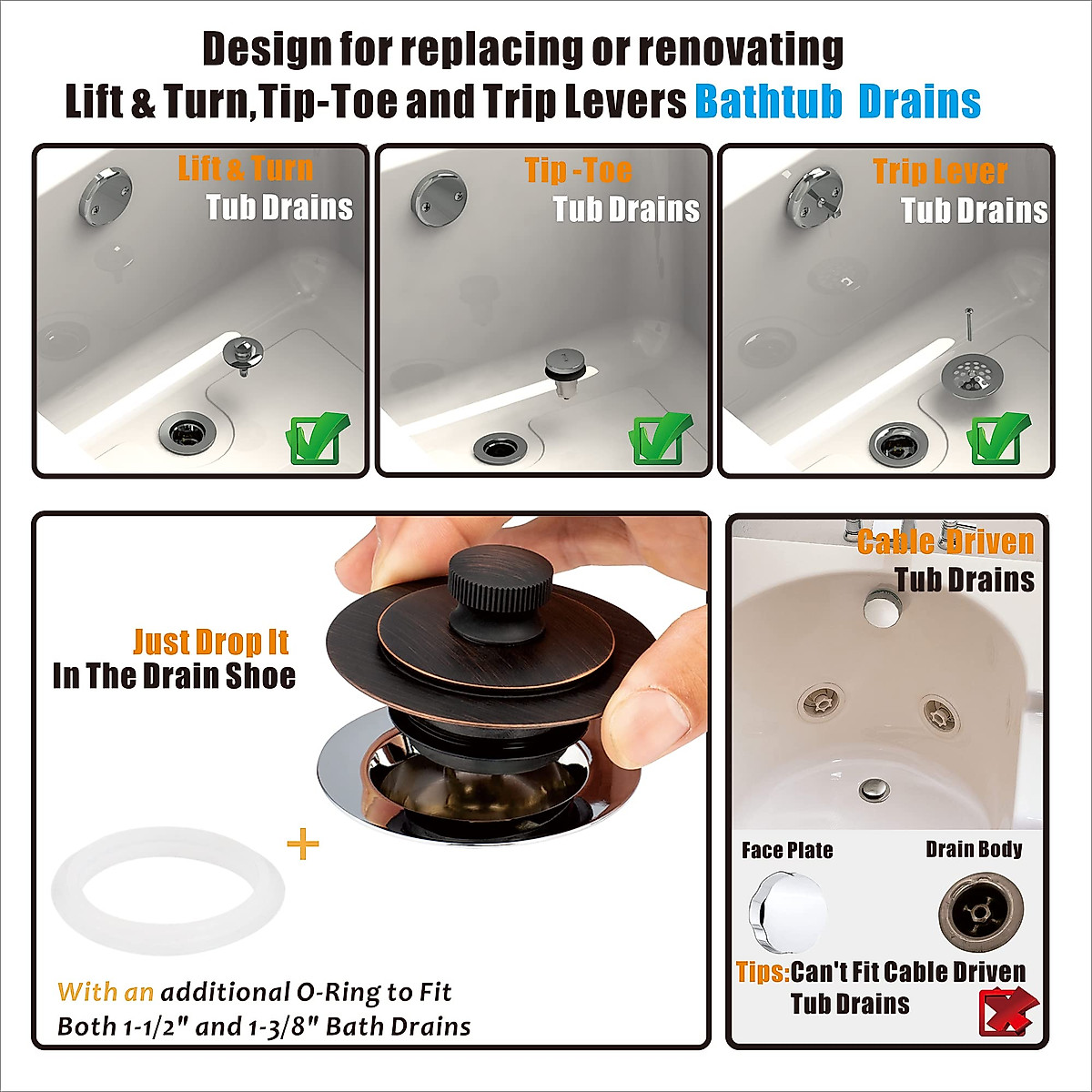 Artiwell Universal Lift and Turn Bath Drain Stopper and Cover, Bathtub Drain Stopper, Replaces Lift and Turn, Tip-Toe and Trip Lever drains for Tub, EZ Installation and Clearing (Oil Rubbed Bronze)