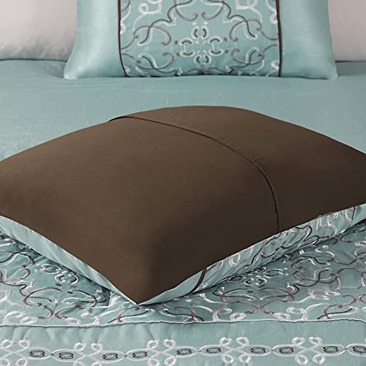 Madison Park Essentials Jelena Room in A Bag Faux Silk Comforter Classic Luxe All Season Down Alternative Bedding, Matching Bedskirt, Curtains, Decorative Pillows, Queen(90"x90"), Seafoam 24 Piece