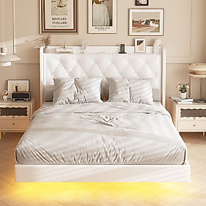 Full Size Floating Bed Frame with LED Lights, Upholstered PU Leather Platform Bed with Charging Station & Button Tufted Headboard Storage, No Box Spring Needed, White