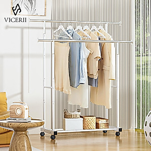 VICERII Double Clothing Rack, 55.51 Inch Garment Rack with Wheels and Bottom Shelf, 130LB Capacity Heavy Duty Rolling Clothes Racks for Hanging Clothes, Coats, Shirts, Sweaters, Skirts, White