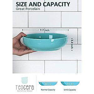 Teocera Porcelain Pasta Bowls, Salad Bowls Set, Wide and Shallow, 30 Ounce - Set of 4, Turquoise