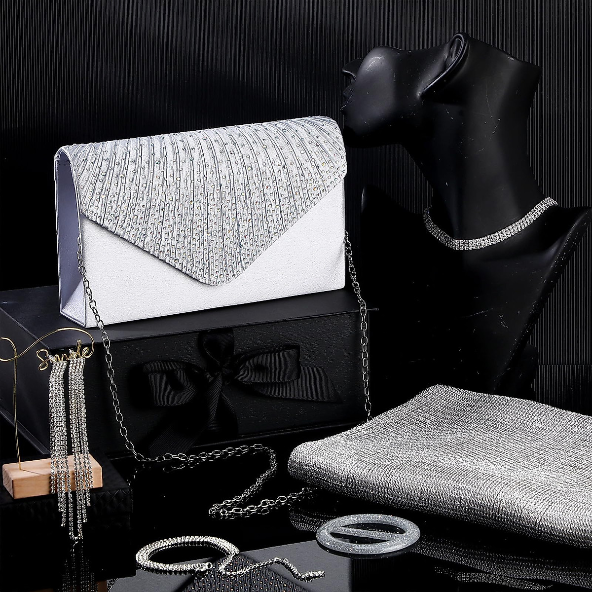 5 Pcs Women Accessories Including Shawls and Wraps, Evening Bag Clutch Purses, Rhinestone Jewelry Sets for Wedding Bridal (Silver)