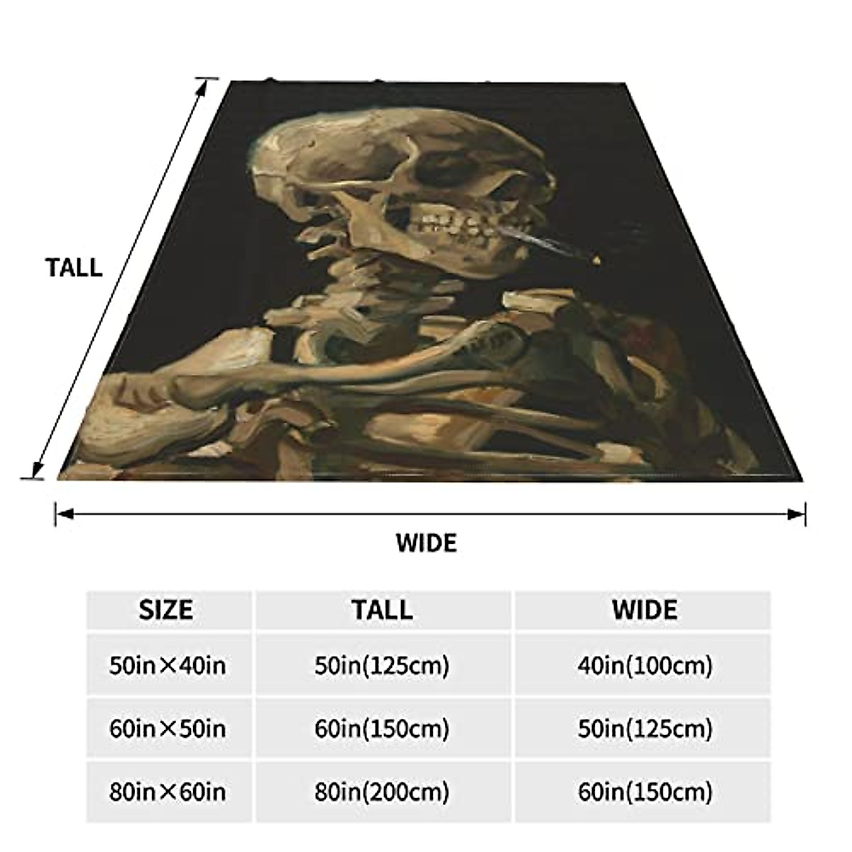 Vincent Van Gogh Painting Throw Blanket Skull of a Skeleton with Burning Cigarette Plush Fleece Flannel Blanket Soft for Sofa Couch Bed Living Room Suitable for All Seasons 60"x50"
