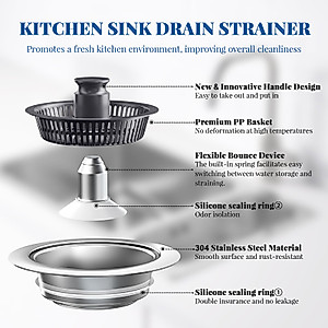 Wanocean Upgraded 3in1 Kitchen Sink Drain Strainer & Sink Stopper,304 Stainless Steel Metal Sink Drain Stopper with Anti-Clogging Wider Strainer Basket,Kitchen Essentials for US Standard 3-1/2" Drain