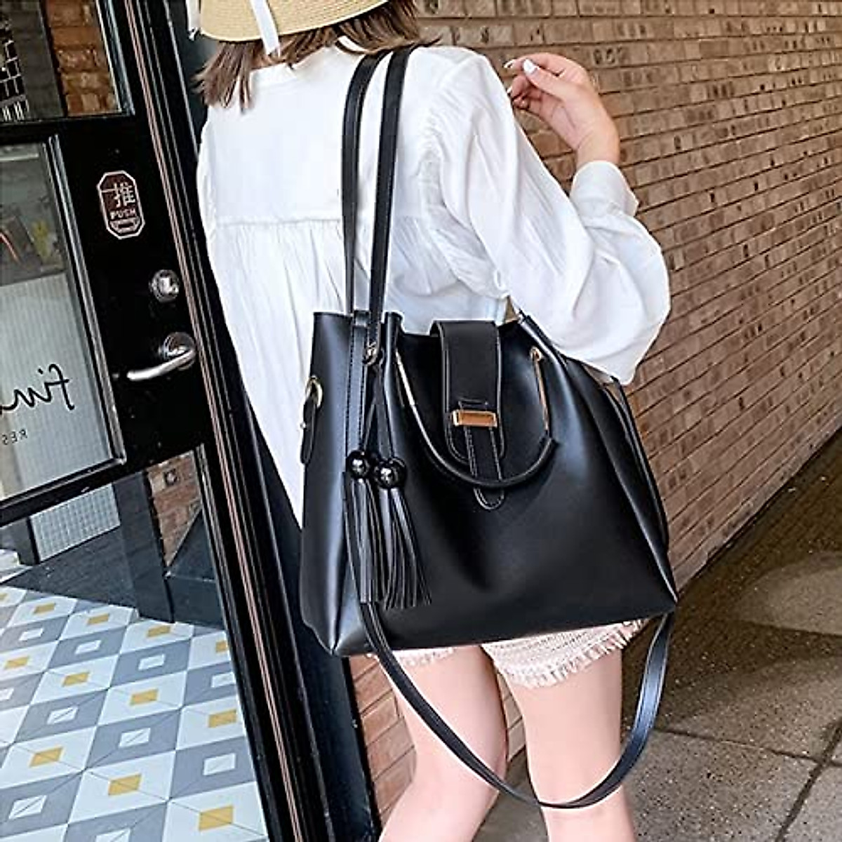 Poopy 3-pc Purses and Handbags for Women Fashion Ladies PU Leather Top Handle Satchel Shoulder Tote Bags (black)
