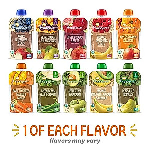 Happy Baby Organics Stage 2 Baby Food Pouches, Gluten Free, Vegan & Healthy Snack, Clearly Crafted Fruit & Veggie Puree, Fruit & Veggie Variety Pack, 4 Ounces (Pack of 10)