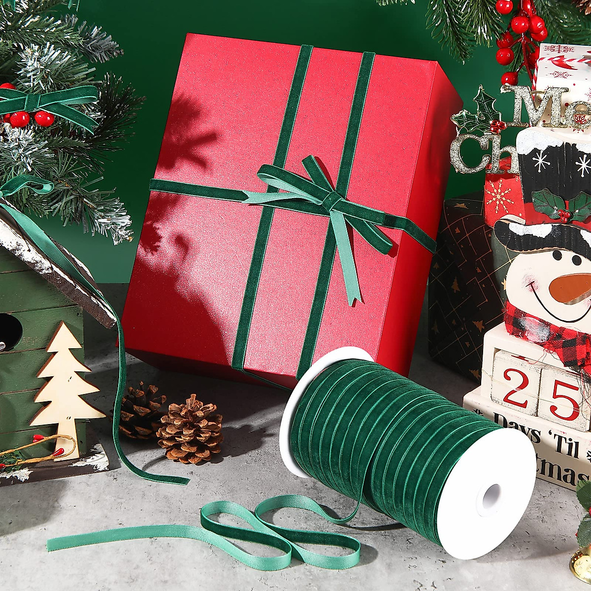 Syhood 100 Yards Christmas Ribbon Spool 3/8 Inch Rustic Crafts Gift Bows Ribbon Velvet Christmas Wreath Bow for Christmas(Green, 3/8 Inch x 100 Yard)