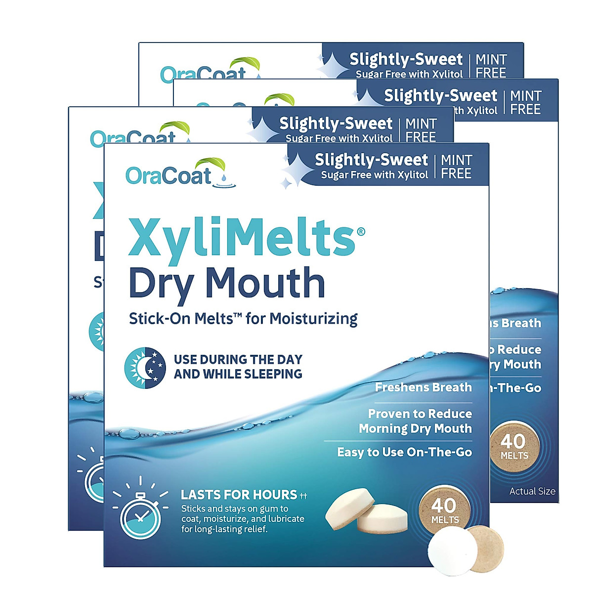 OraCoat XyliMelts Dry Mouth Relief Moisturizing Oral Adhering Discs 40 Count, 4 Pack, Slightly-Sweet with Xylitol, for Dry Mouth, Stimulates Saliva