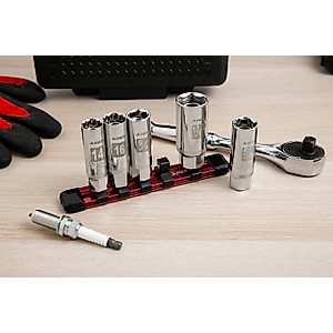 ARES 11016-5-Piece Magnetic Spark Plug Socket Set - Includes 14mm and 16mm Thin Wall Sockets and 9/16-inch, 5/8-inch, and 13/16-inch Sockets - Convenient Reusable Storage Rail Included
