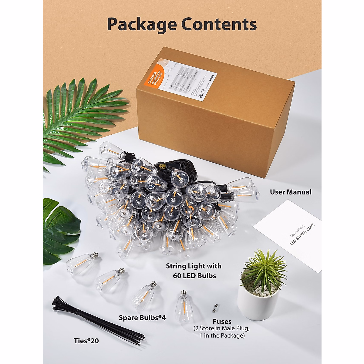 Sweepulire LED Outdoor String Lights, 125FT Patio Lights with 60+4 Shatterproof Bulbs, 2200K Warm White LED Lights Waterproof, Decorative Outdoor Lights for Porch, Deck, Garden, Backyard, Balcony