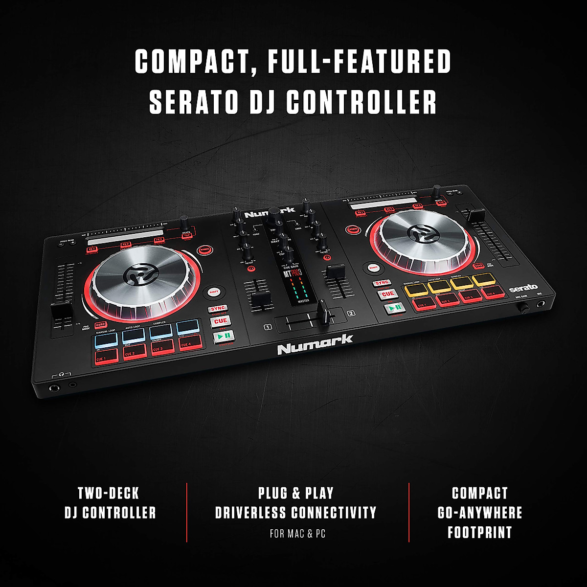 Numark Mixtrack Pro 3 | All In One 2 Deck DJ Controller for Serato DJ Including an On board Audio Interface, 5 inch High Resolution Jog Wheels and Serato DJ Intro & Prime Loops Remix Tool Kit