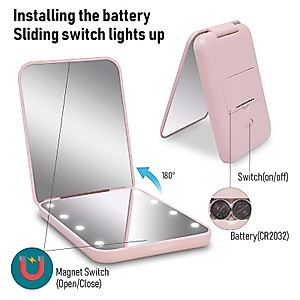 Milishow Compact Mirror, 1x/3x Magnifying LED Pocket Mirror, Small Lighted Travel Makeup Mirror for Purse, Handbag, Folding, Handheld, 2-Sided Mini Mirror with Lights for Women (Pink 1pack)