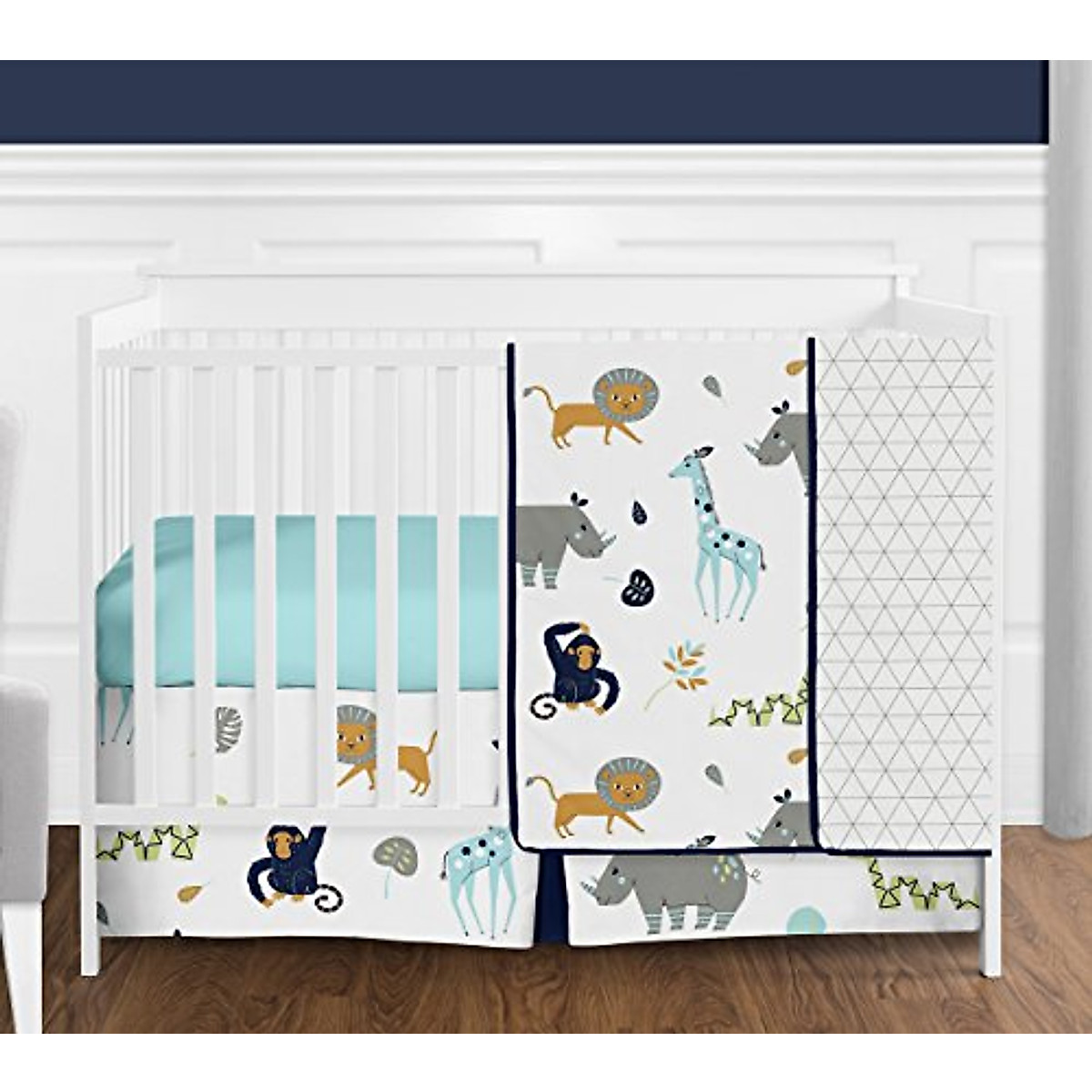 Sweet Jojo Designs Safari Animals Foldable Fabric Storage Cube Bins Boxes Organizer Toys Kids Baby Childrens - Set of 2 - Turquoise and Navy Blue Mod Jungle Lion Monkey Giraffe