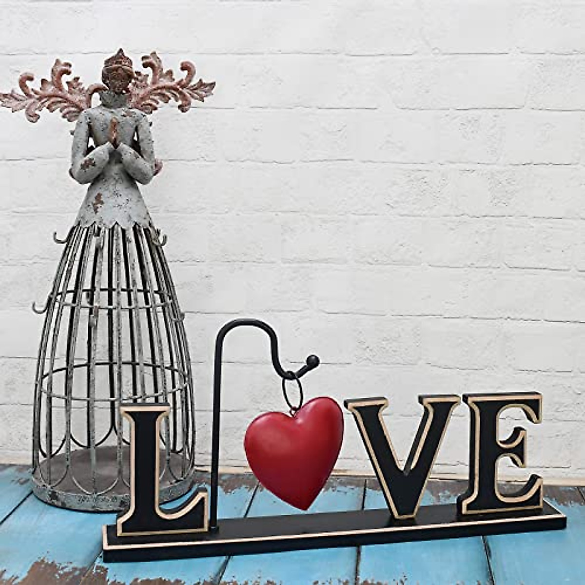 Rustic Wood Love Table Sign Freestanding Cutout Love Table Centerpiece Sign with Hanging Love Heart Decorative Love Word Sign Fireplace Tabletop Decor for Wedding Valentine's Day Gift